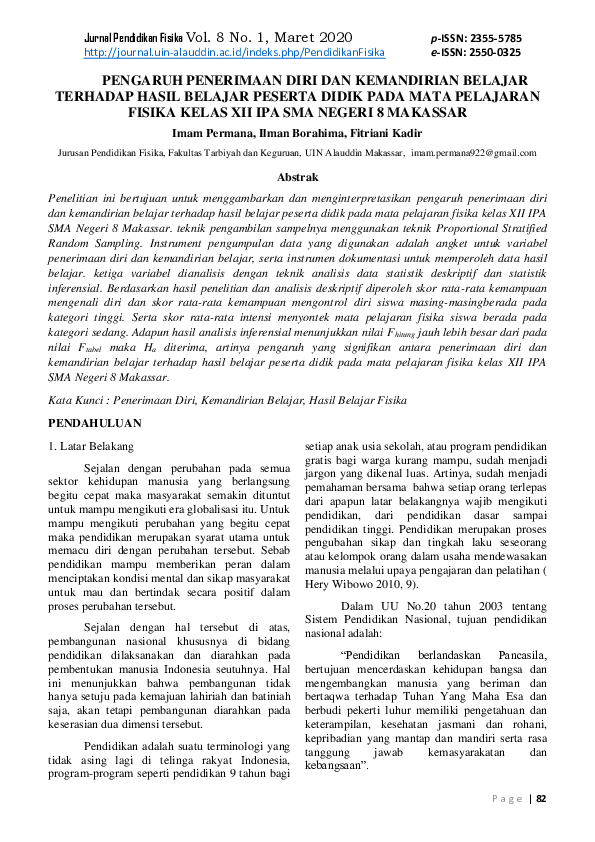 (PDF) Pengaruh Penerimaan Diri Dan Kemandirian Belajar Terhadap Hasil Belajar Peserta Didik Pada ...
