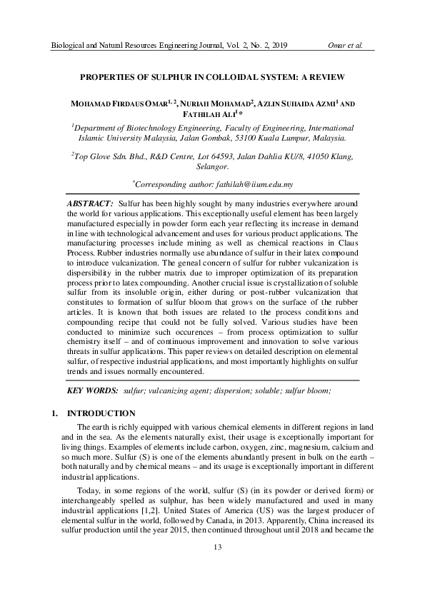 (PDF) Properties of Sulphur in Colloidal System: A Review