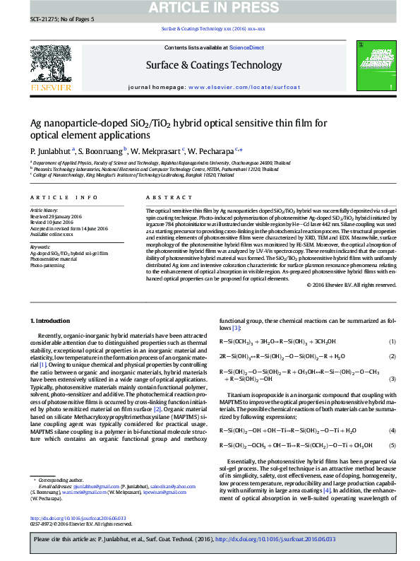 (PDF) Ag nanoparticle-doped SiO2/TiO2 hybrid optical sensitive thin film for optical element ...