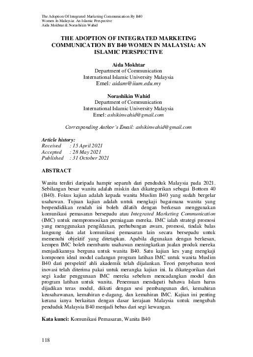 (PDF) The Adoption Of Integrated Marketing Communication By B40 Women ...