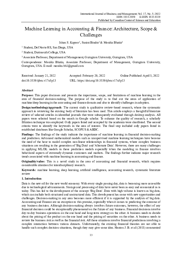 (PDF) Machine Learning in Accounting & Finance: Architecture, Scope ...