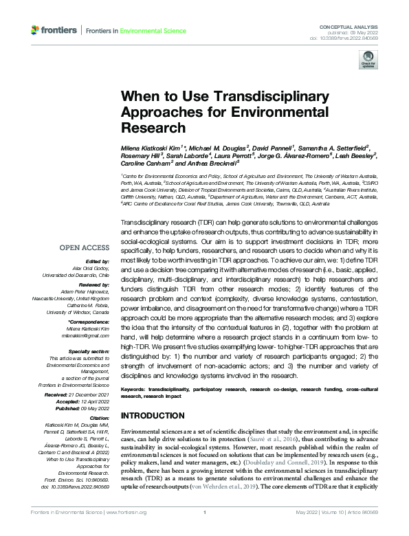 (PDF) When to Use Transdisciplinary Approaches for Environmental Research