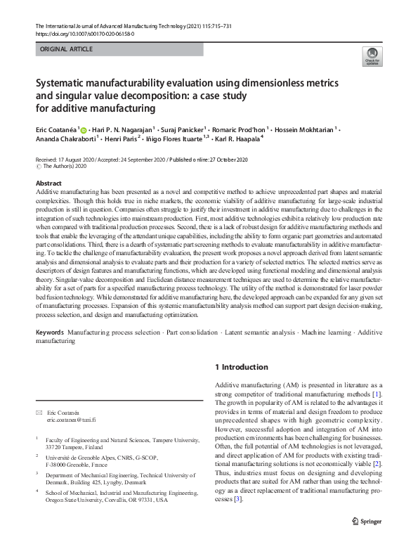 (PDF) Systematic manufacturability evaluation using dimensionless metrics and singular value ...