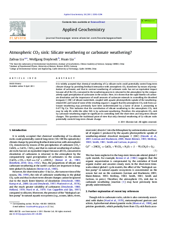 (PDF) Atmospheric CO2 sink: Silicate weathering or carbonate weathering?