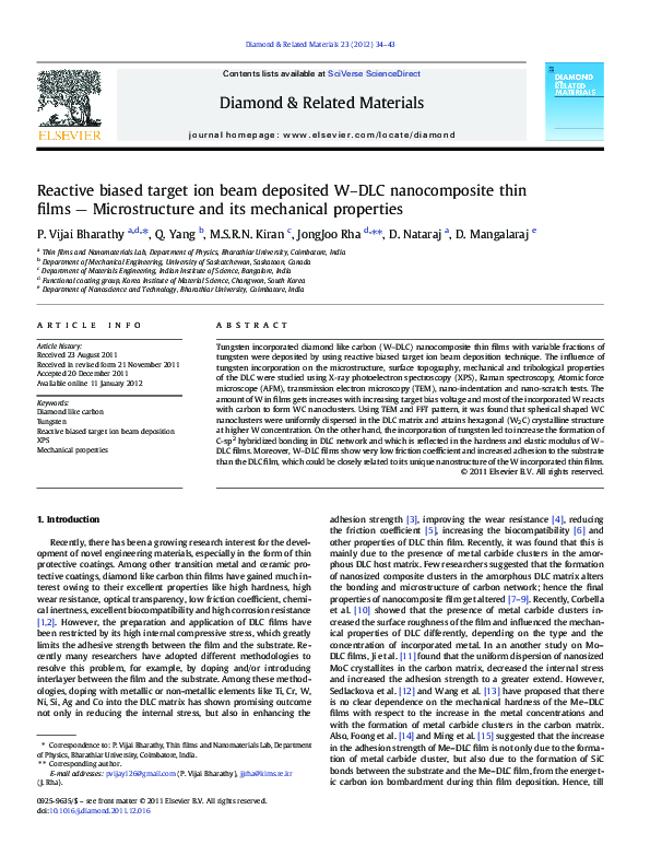 (PDF) Reactive biased target ion beam deposited W–DLC nanocomposite thin films — Microstructure ...