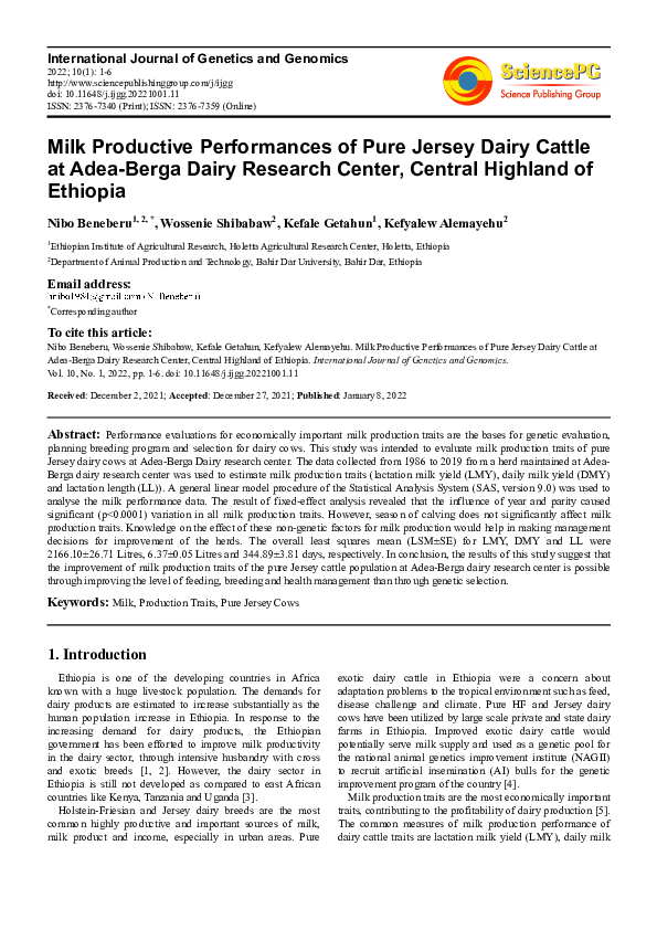 (PDF) Milk Productive Performances of Pure Jersey Dairy Cattle at Adea ...