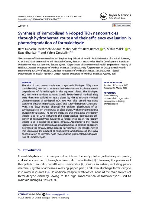 (PDF) Synthesis of immobilised Ni-doped TiO2 nanoparticles through hydrothermal route and their ...