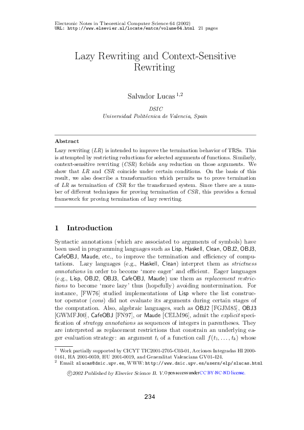 (PDF) Lazy Rewriting and Context-Sensitive Rewriting