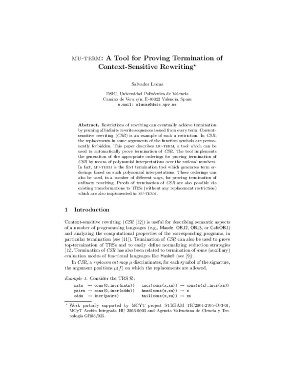 (PDF) mu-term: A Tool for Proving Termination of Context-Sensitive Rewriting