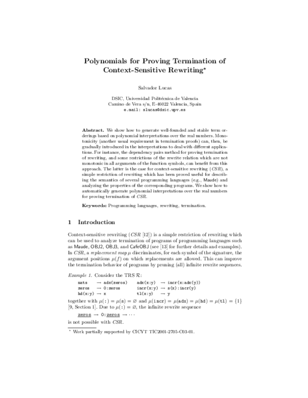 (PDF) Polynomials for Proving Termination of Context-Sensitive Rewriting