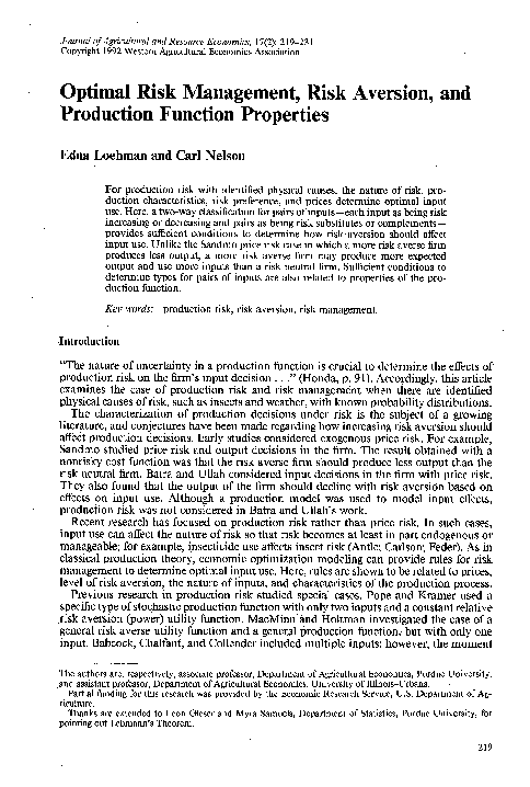 (PDF) Optimal Risk Management, Risk Aversion, and Production Function ...
