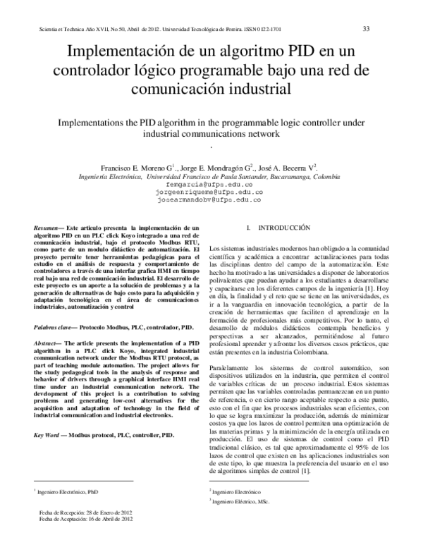 (PDF) Implementación de un algoritmo PID en un controlador Lógico ...