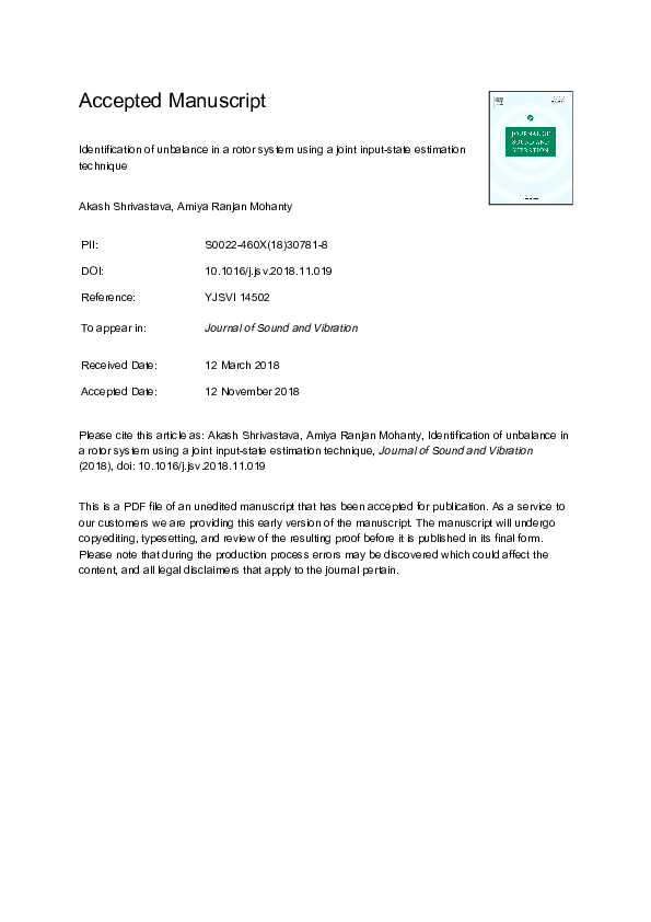 Pdf Identification Of Unbalance In A Rotor System Using A Joint Input State Estimation Technique