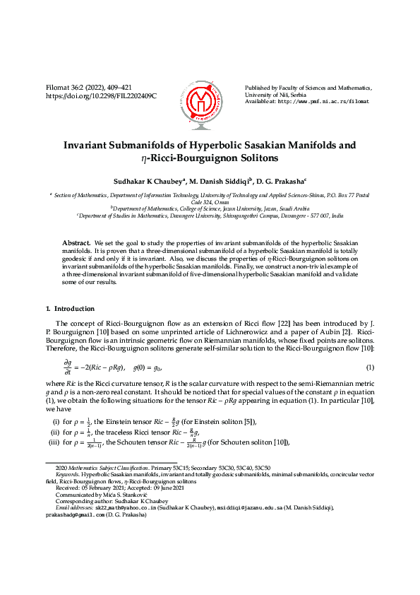 (PDF) Invariant submanifolds of hyperbolic Sasakian manifolds and η-Ricci-Bourguignon solitons
