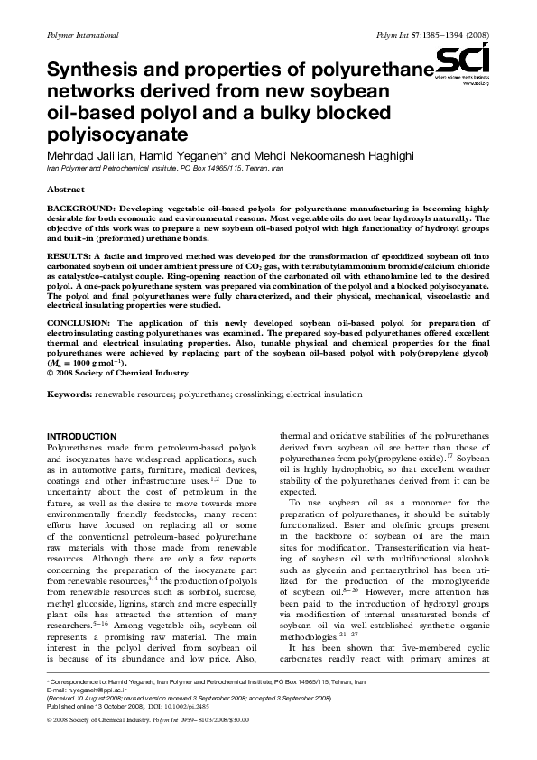 Pdf Synthesis And Properties Of Polyurethane Networks Derived From