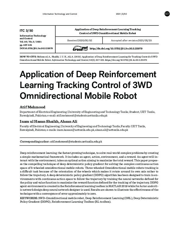 Pdf Application Of Deep Reinforcement Learning For Tracking Control Of 3wd Omnidirectional