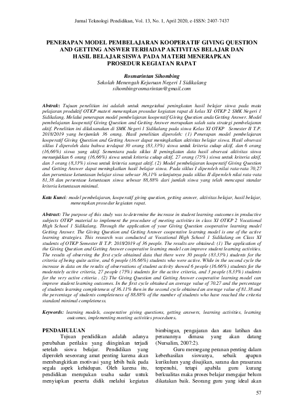 (PDF) Penerapan Model Pembelajaran Kooperatif Giving Question and Getting Answer Terhadap ...