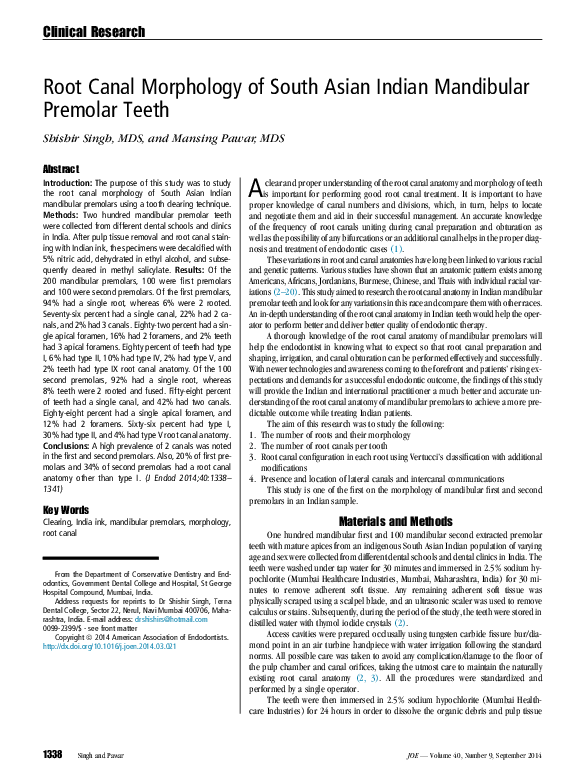 (PDF) Root Canal Morphology of South Asian Indian Mandibular Premolar Teeth