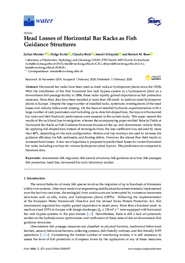 (PDF) Head Losses of Horizontal Bar Racks as Fish Guidance Structures