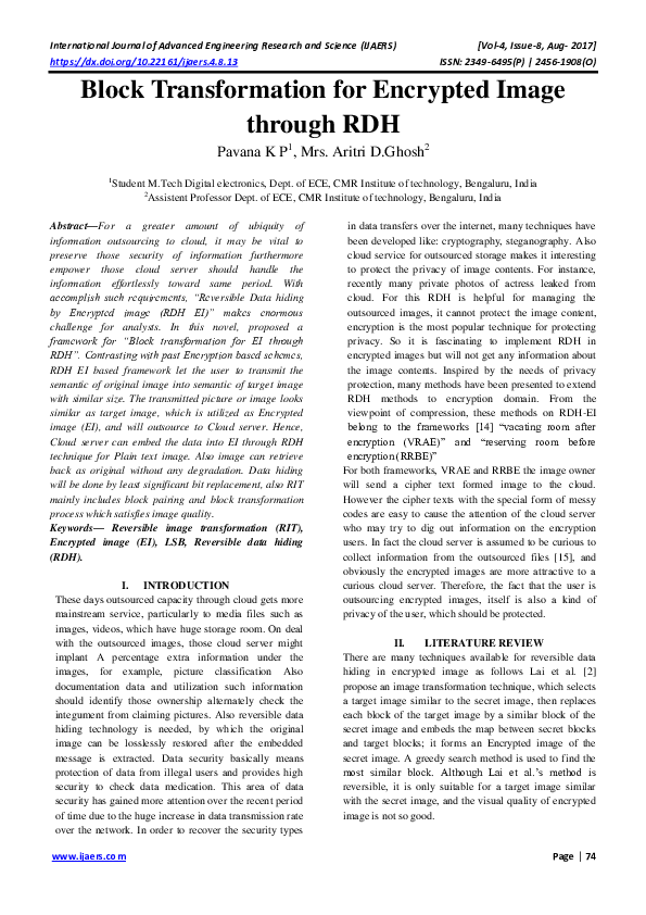 (PDF) Block Transformation for Encrypted Image through RDH