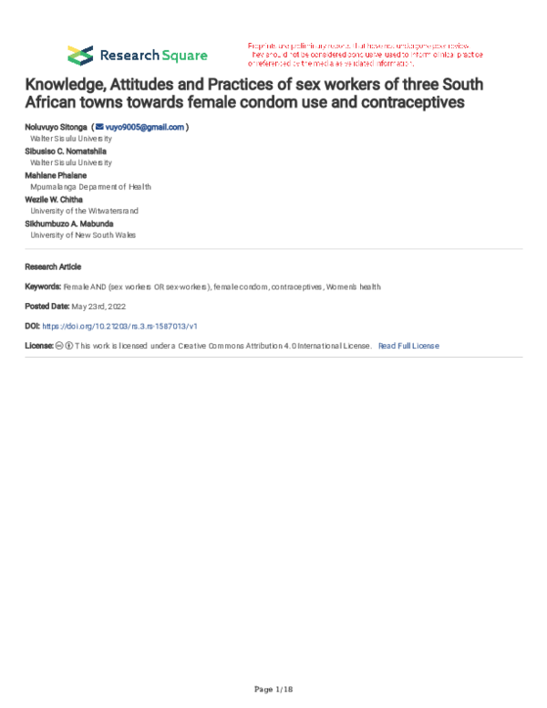 Pdf Knowledge Attitudes And Practices Of Sex Workers Of Three South African Towns Towards