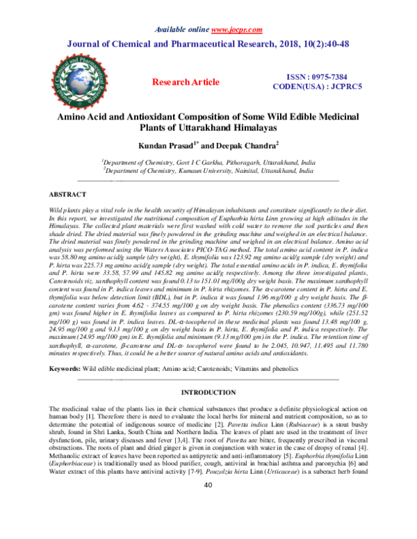 (PDF) Amino Acid and Antioxidant Composition of Some Wild Edible Medicinal Plants of Uttarakhand ...