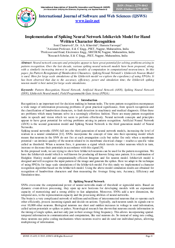 (PDF) Implementation of Spiking Neural Network Izhikevich Model for Hand Written Character ...