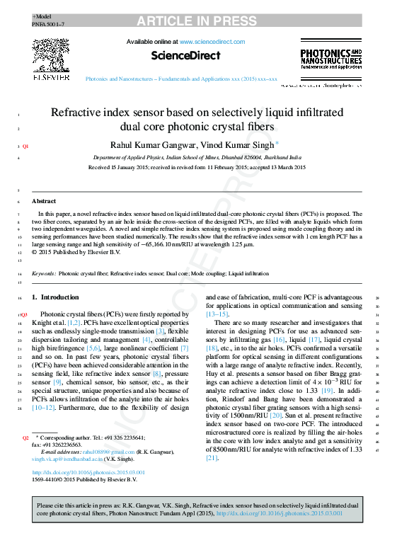 (PDF) Refractive index sensor based on selectively liquid infiltrated dual core photonic crystal ...