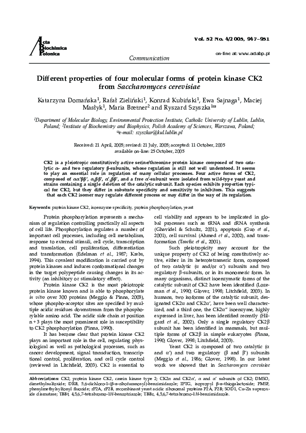 (PDF) Different properties of four molecular forms of protein kinase CK2 from Saccharomyces ...