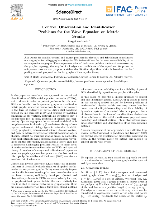 (PDF) Control, Observation and Identification Problems for the Wave Equation on Metric Graphs