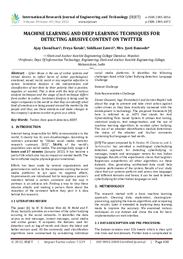 (PDF) MACHINE LEARNING AND DEEP LEARNING TECHNIQUES FOR DETECTING ABUSIVE CONTENT ON TWITTER