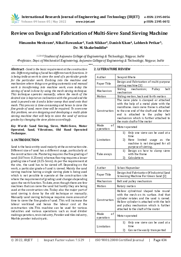 (PDF) Review on Design and Fabrication of Multi-Sieve Sand Sieving Machine