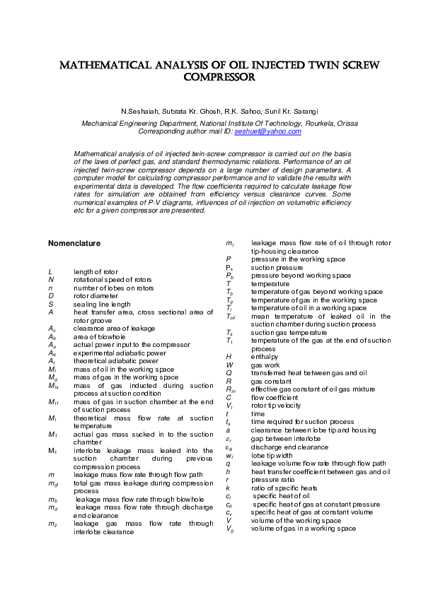 Pdf Mathematical Analysis Of Oil Injected Twin Screw Compressor
