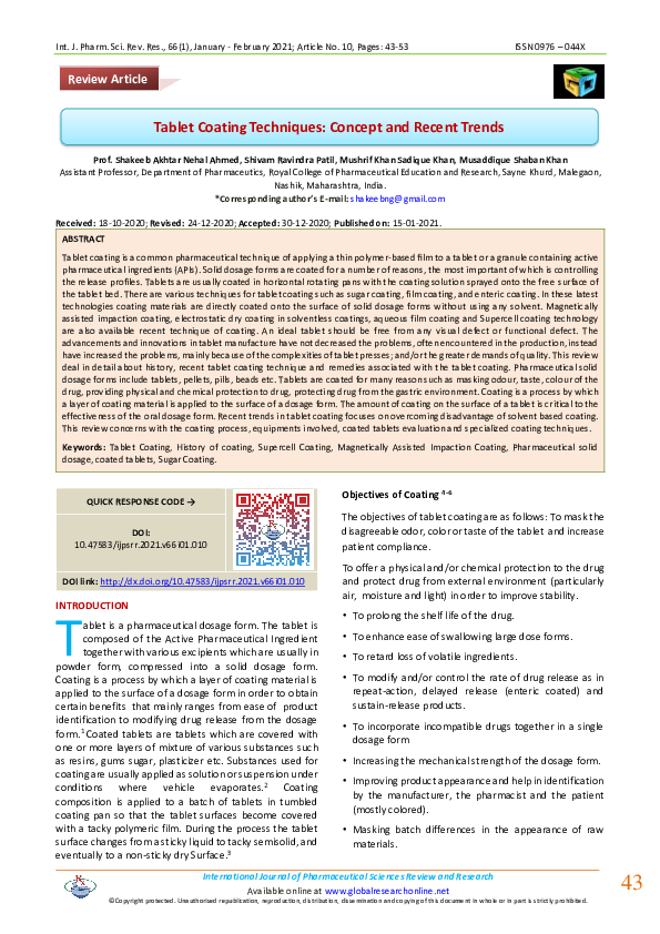 (PDF) Tablet Coating Techniques: Concept and Recent Trends