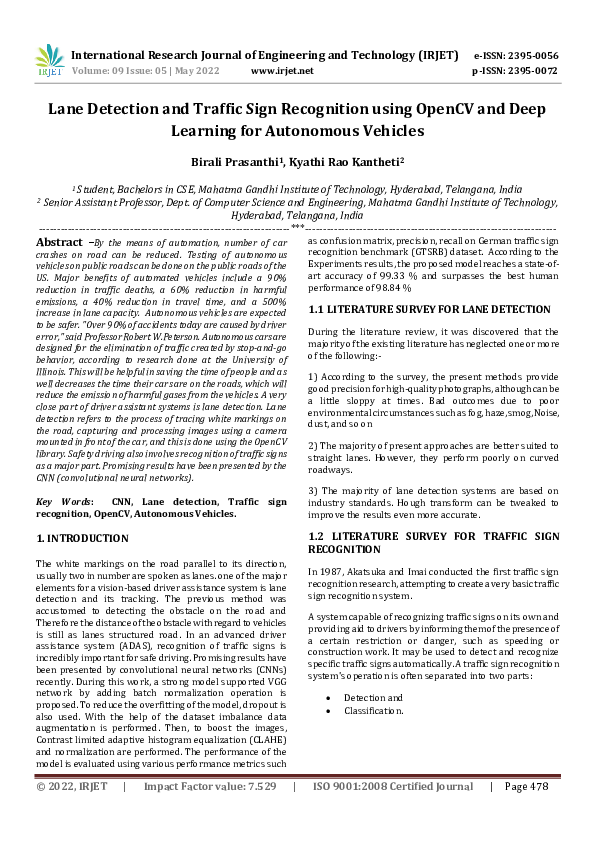 Pdf Lane Detection And Traffic Sign Recognition Using Opencv And Deep