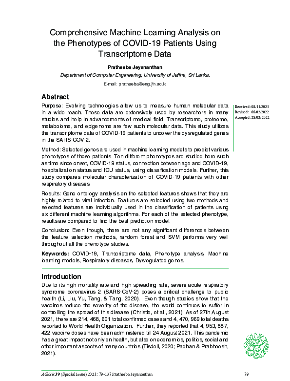 (PDF) Comprehensive Machine Learning Analysis on the Phenotypes of COVID-19 Patients Using ...