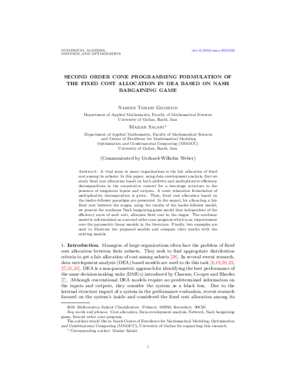 Pdf Second Order Cone Programming Formulation Of The Fixed Cost Allocation In Dea Based On