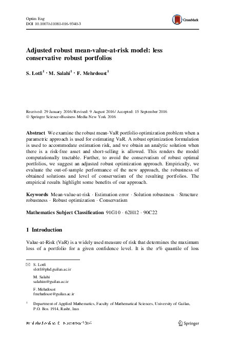 (PDF) Adjusted robust mean-value-at-risk model: less conservative ...