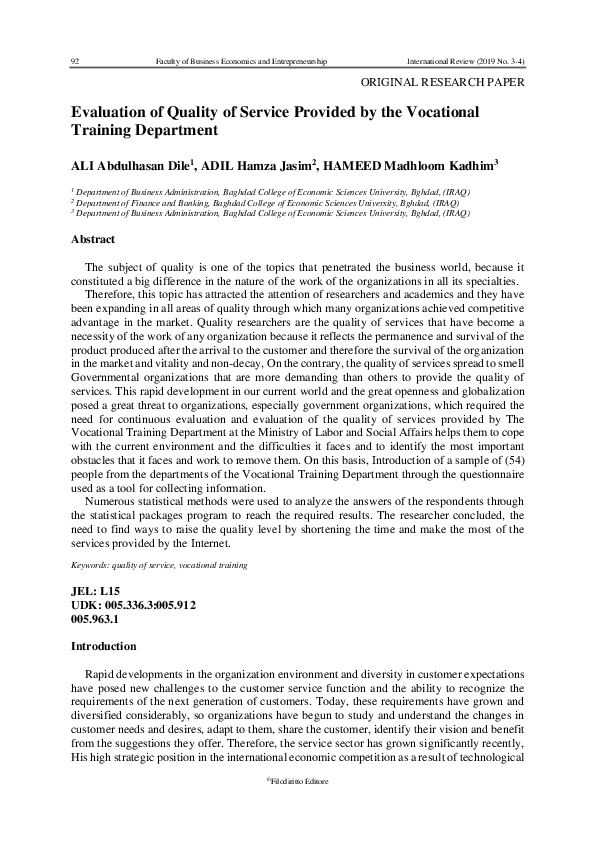 (PDF) Evaluation of quality of service provided by the vocational ...