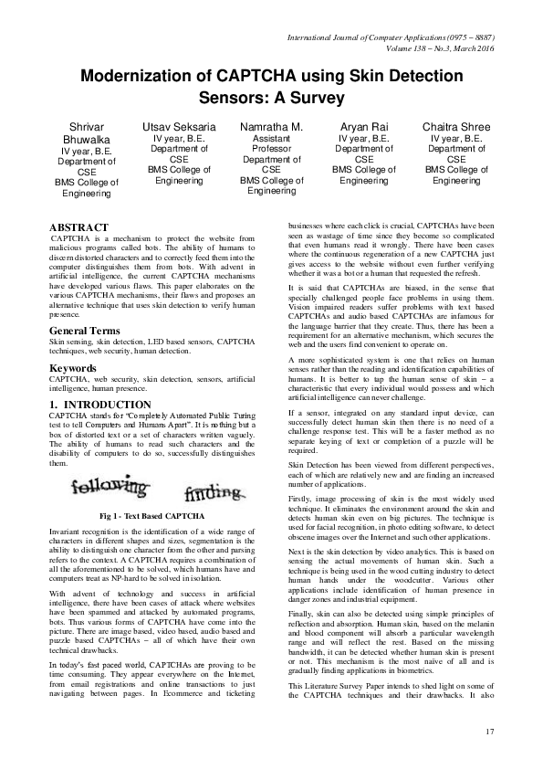 (PDF) Modernization of CAPTCHA using Skin Detection Sensors: A Survey