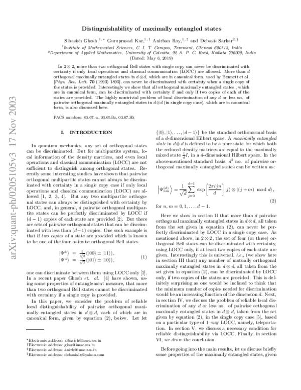 Pdf Distinguishability Of Maximally Entangled States Guruprasad Kar