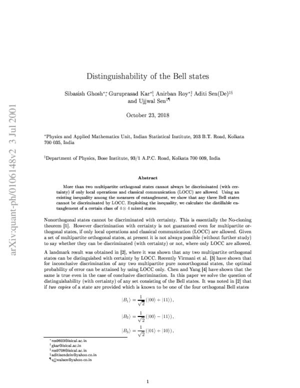(PDF) Distinguishability of Bell States