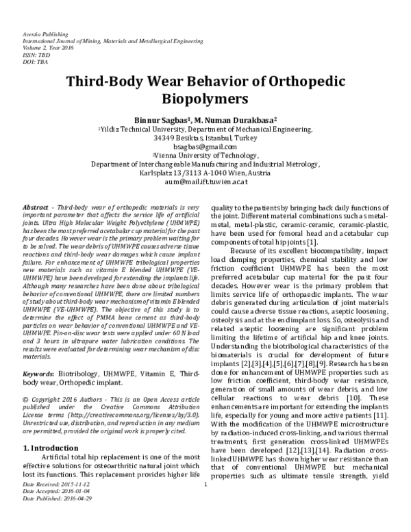 (PDF) Third Body Wear Behavior of Orthopaedic Biopolymers