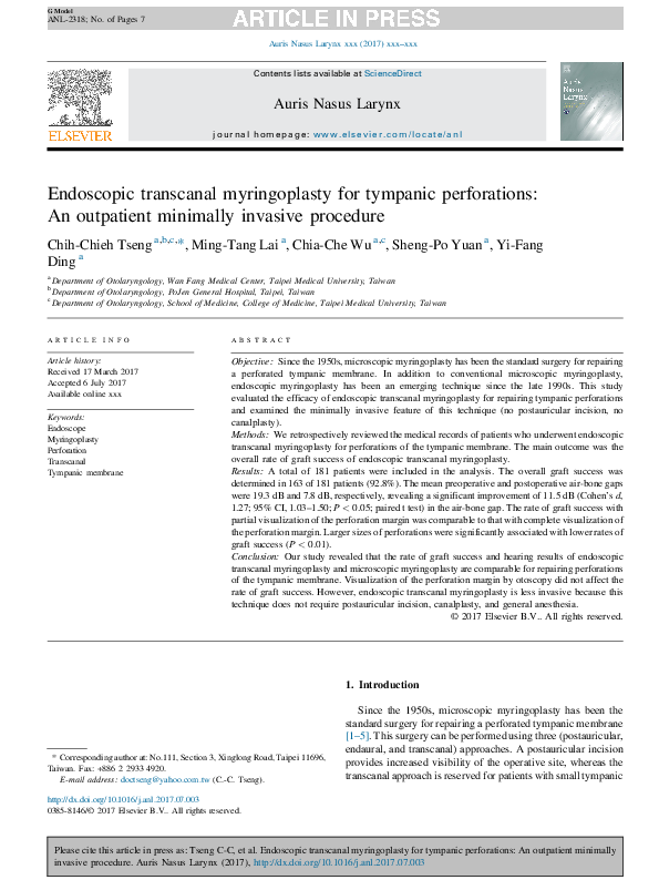 (PDF) Endoscopic transcanal myringoplasty for tympanic perforations: An ...