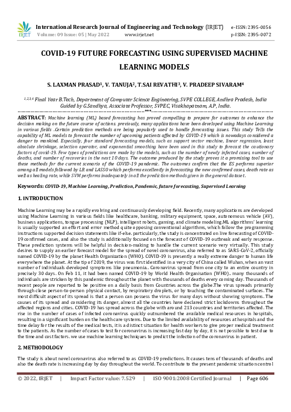 (PDF) COVID-19 FUTURE FORECASTING USING SUPERVISED MACHINE LEARNING MODELS