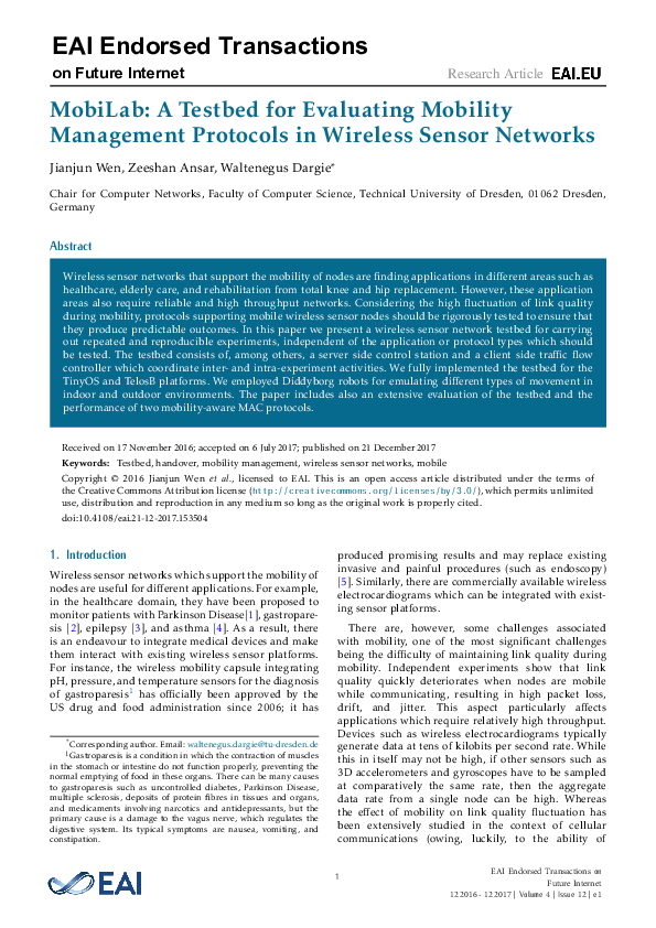 Pdf Mobilab A Testbed For Evaluating Mobility Management Protocols In Wireless Sensor