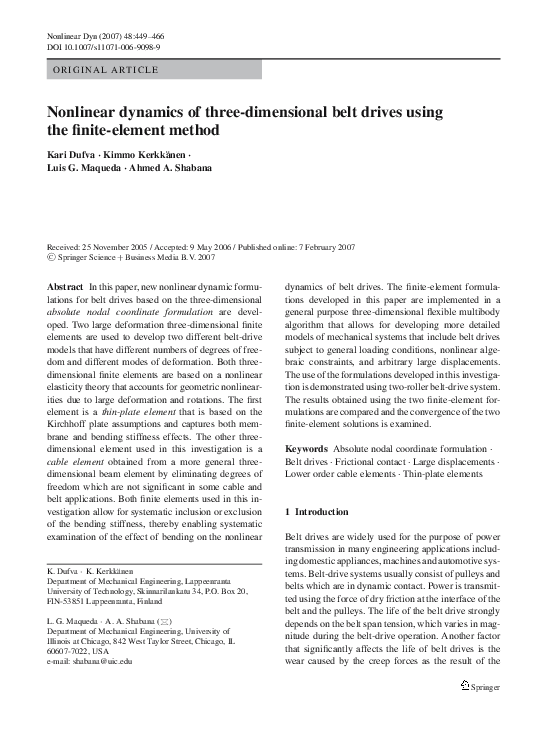 Pdf Nonlinear Dynamics Of Three Dimensional Belt Drives Using The Finite Element Method