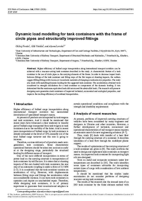 (PDF) Dynamic load modelling for tank containers with the frame of ...