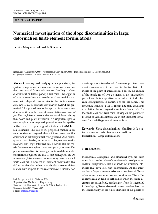 Pdf Numerical Investigation Of The Slope Discontinuities In Large Deformation Finite Element