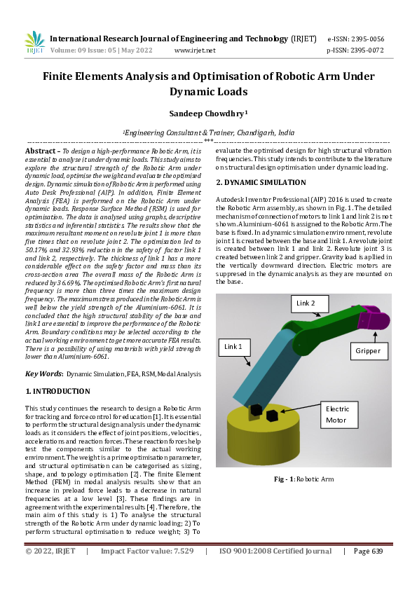 (PDF) Finite Elements Analysis and Optimisation of Robotic Arm Under Dynamic Loads
